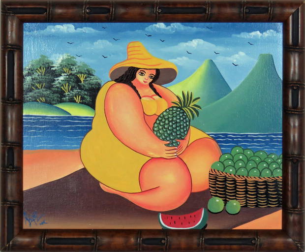 Painting Botero Esque Woman Gazing At Pineapple