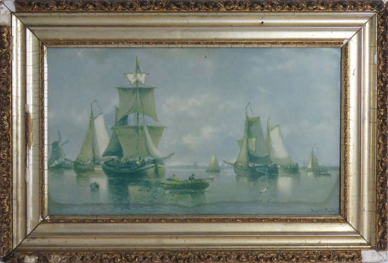 Auguste Musin Harbor Scene In Lemon Gilt Frame