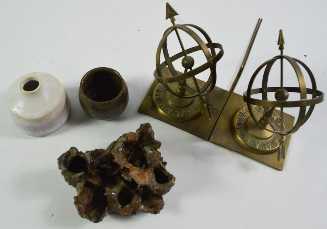 Lot Modern Raku Art Pottery & Armillary Book Ends
