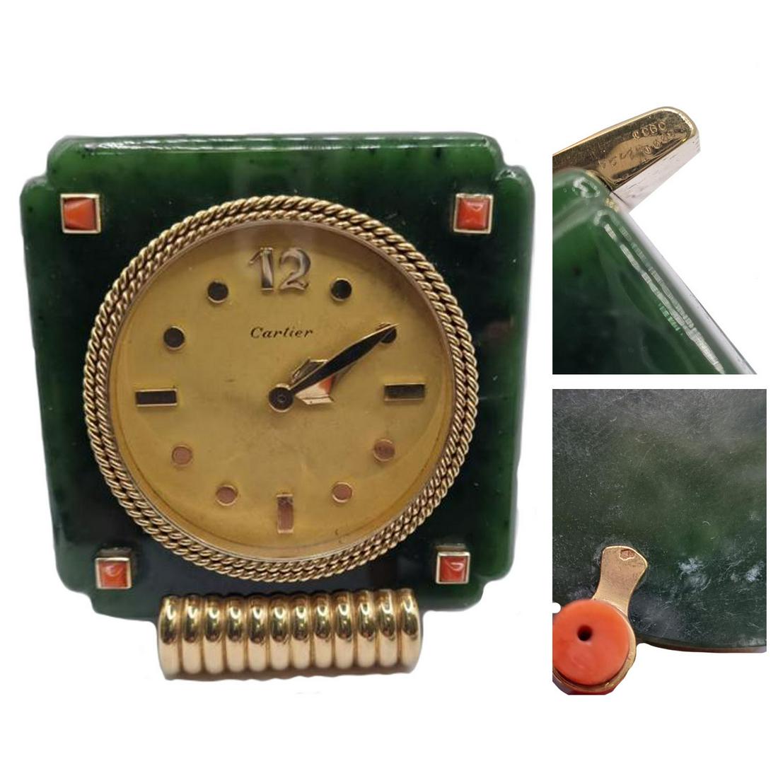Cartier 18k Art Deco Jade & Coral Clock And Side Box