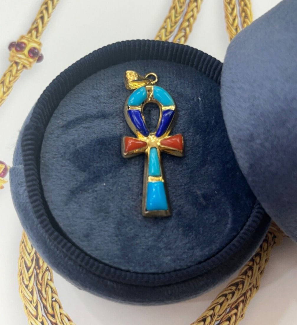 Vintage Egyptian Ankh Cross Key Of Life 18k Yellow Gold Lapis Lari ...