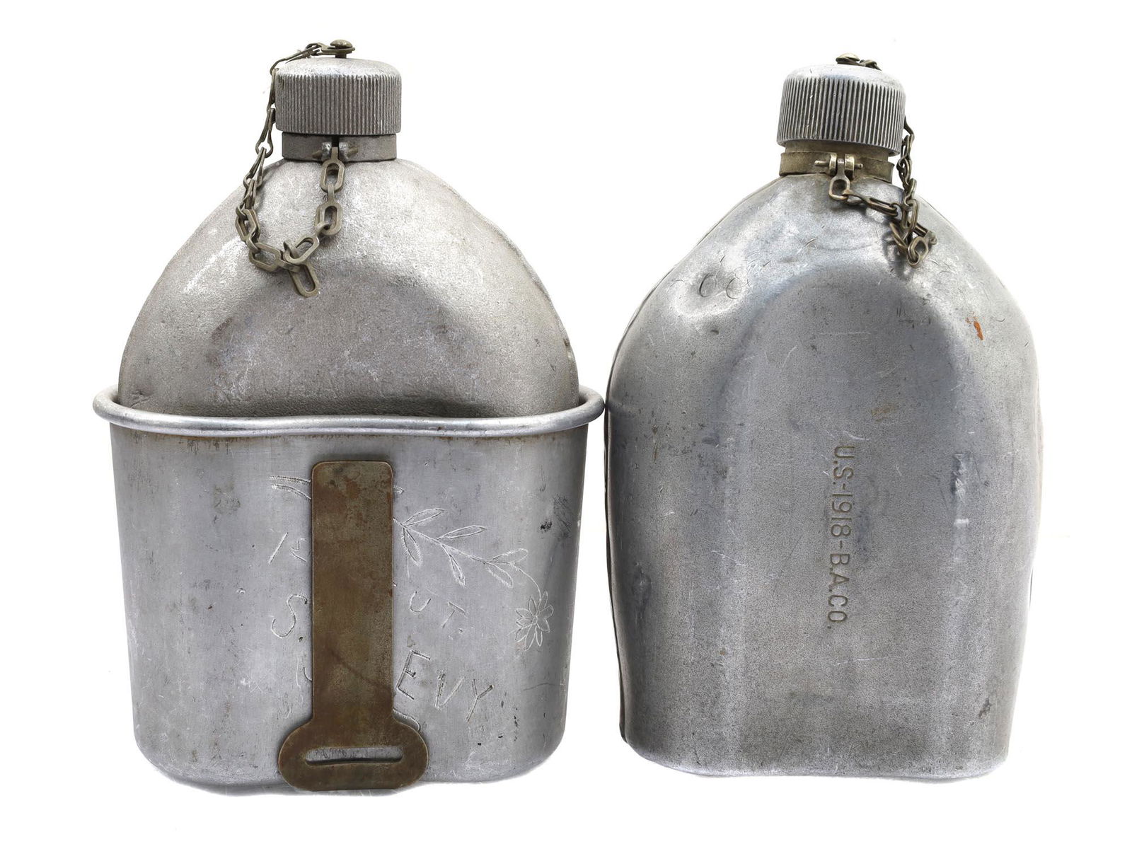 Two Us Army Ww1 Aluminum Flasks With Engraving