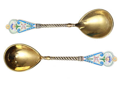 Two Similar Russian Enameled Silver Spoons