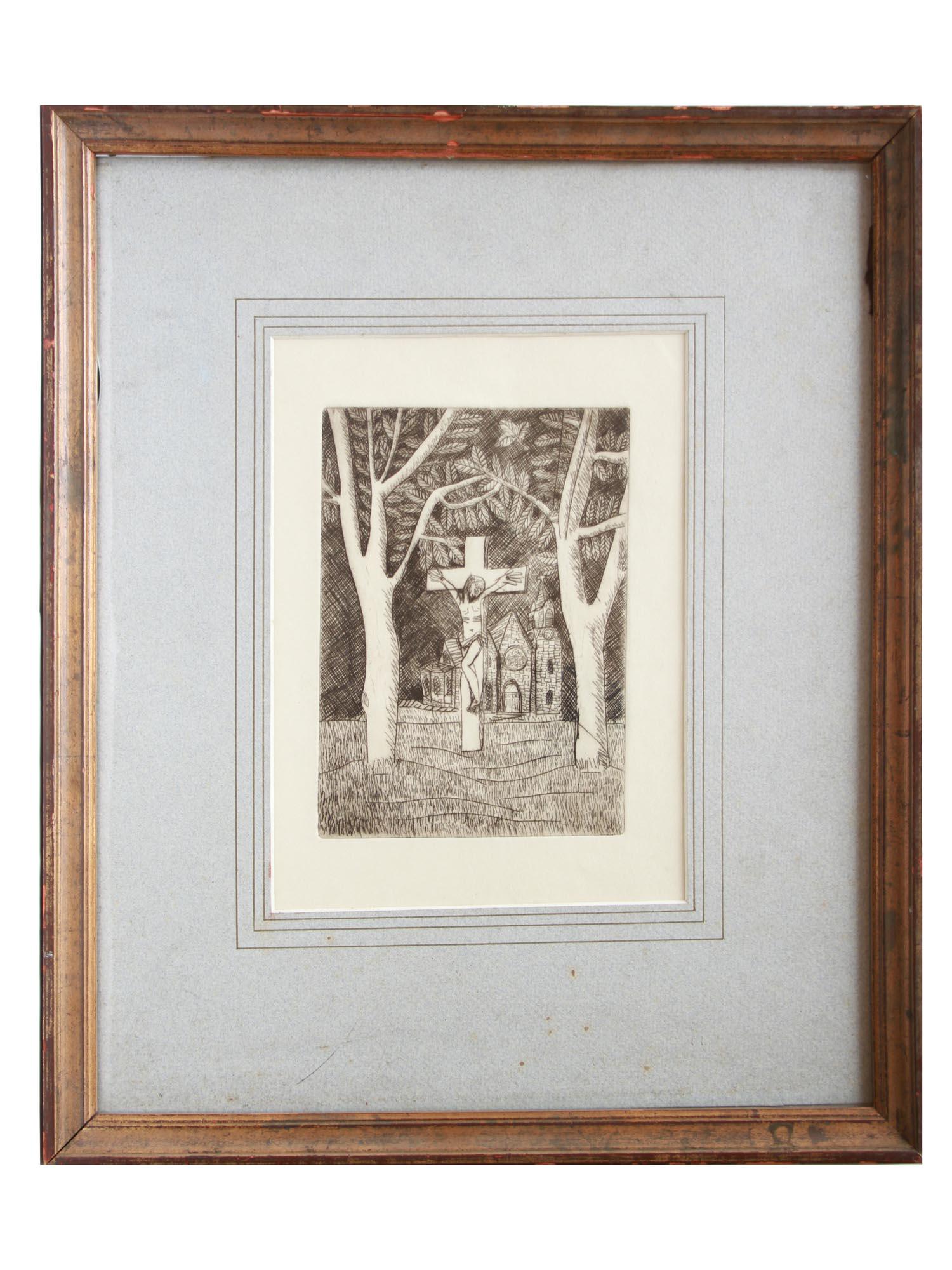 Vintage Etching Jesus On The Cross Framed