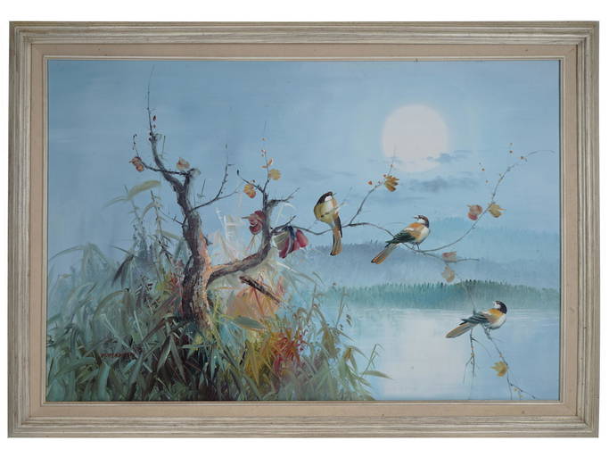American Oil Birds Painting Signed M. Henderson