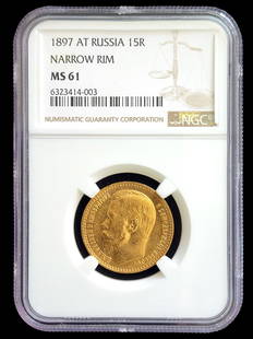 1897 Russia Gold 15 Roubles Nicholas Ii Ms 61 Ngc (narrow Rim)