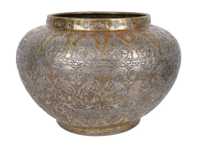 Antique Syrian Arabic Silver Inlaid Bowl, C. 1900