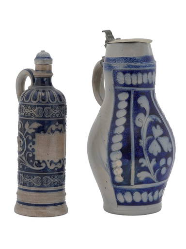 Antique French Blue And White Ceramic Cider Jugs
