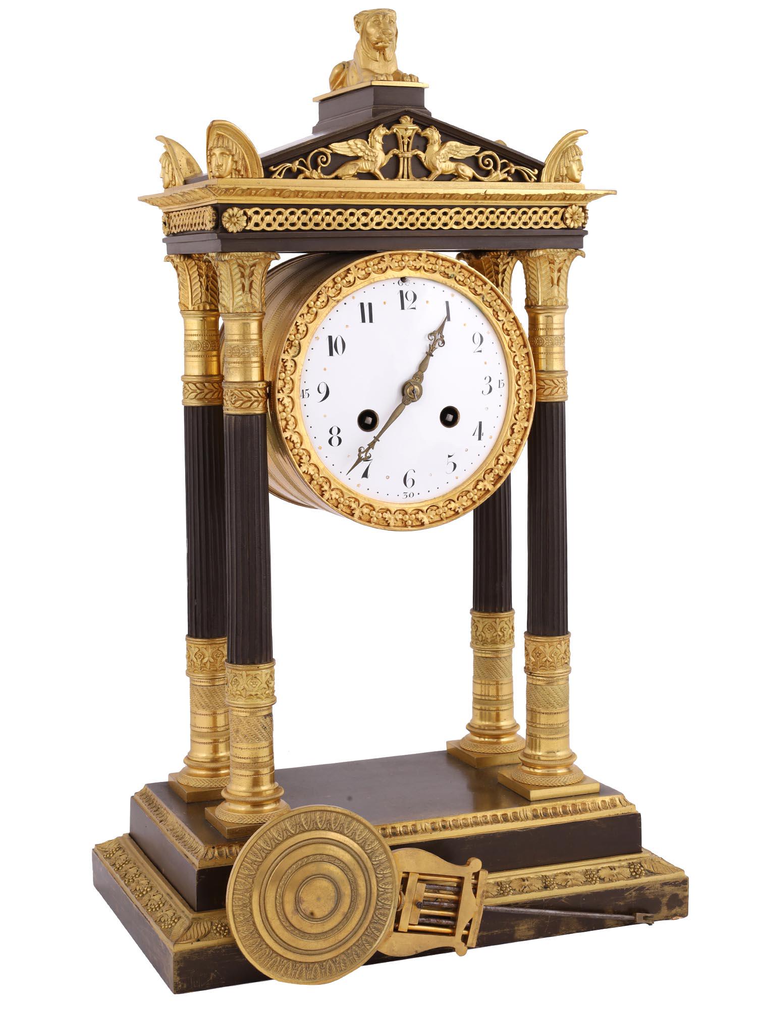 French Empire Portico Mantel Clock With Pendulum