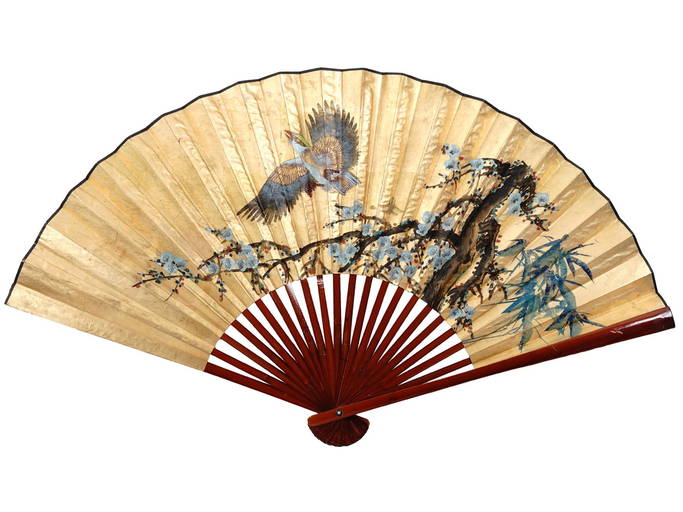 Oriental Chinese Fan With Gilt Hand Painted Bird