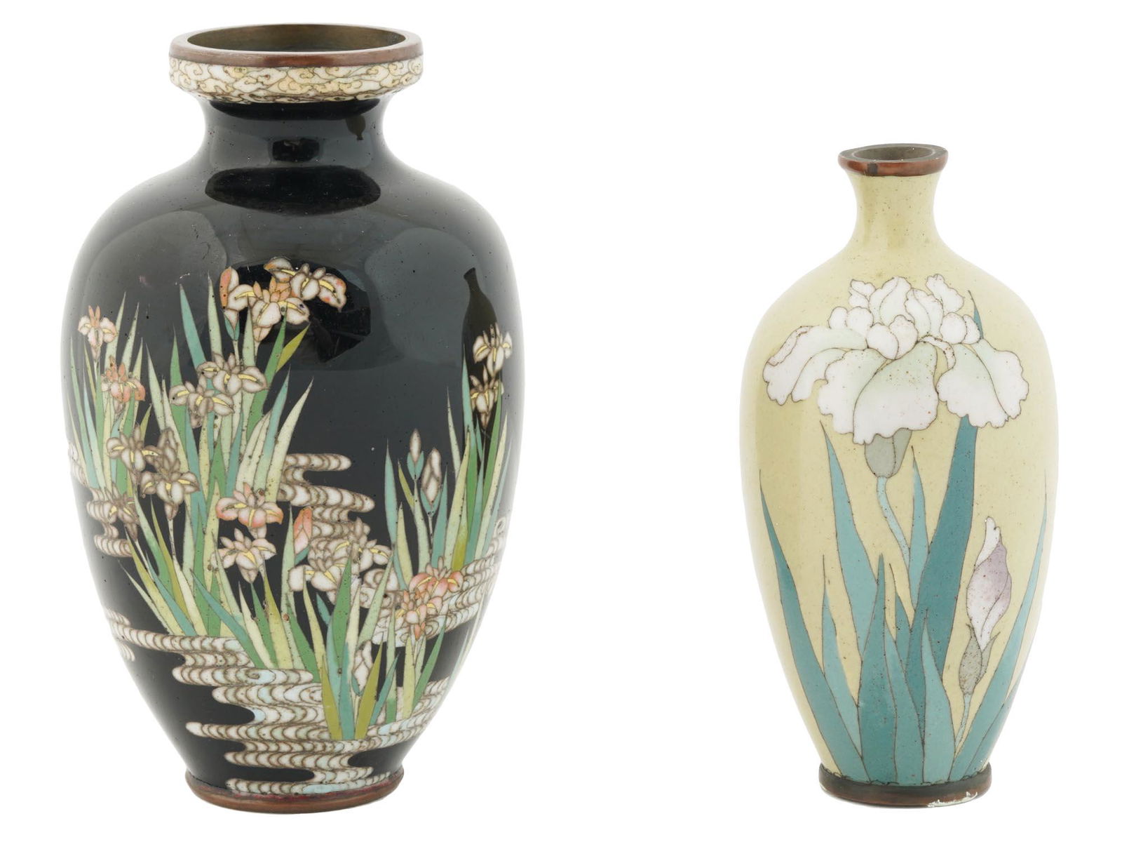 JAPANESE LATE MEIJI CLOISONNE ENAMEL IRIS VASES (#0248) on Jan 14, 2023 | Antique Arena Inc. in NY