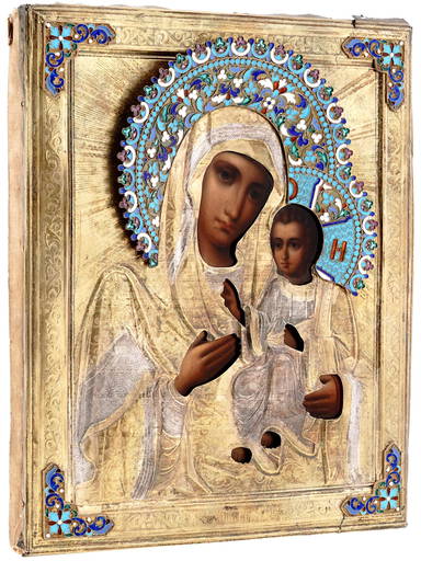 Antique Russian Silver Enamel Icon Of Virgin Mary