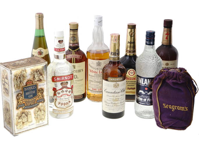 Collection Of Alcohol Drinks In Vintage Bottles