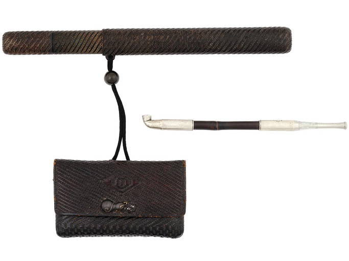 Antique Meiji Japan Tobacco Purse And Pipe Set