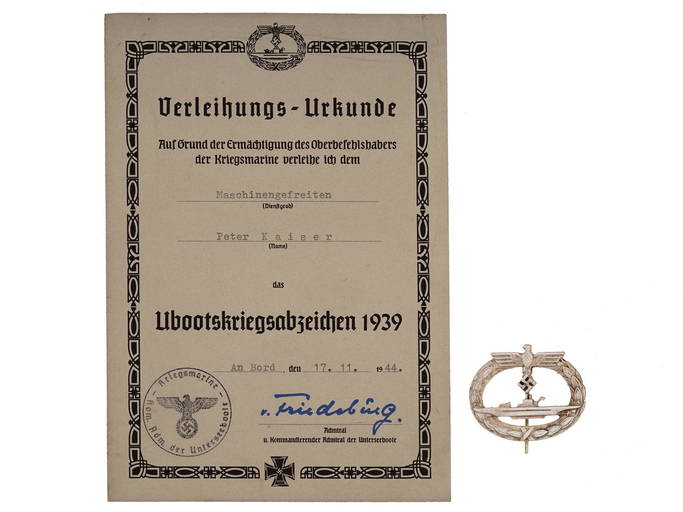 German Wwii U Boat Badge With Certificate