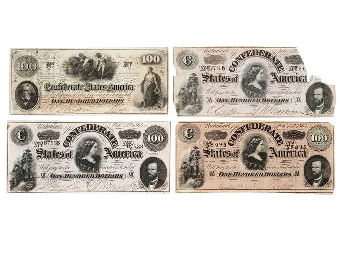 Civil War Confederate Currency 100 Dollars Notes