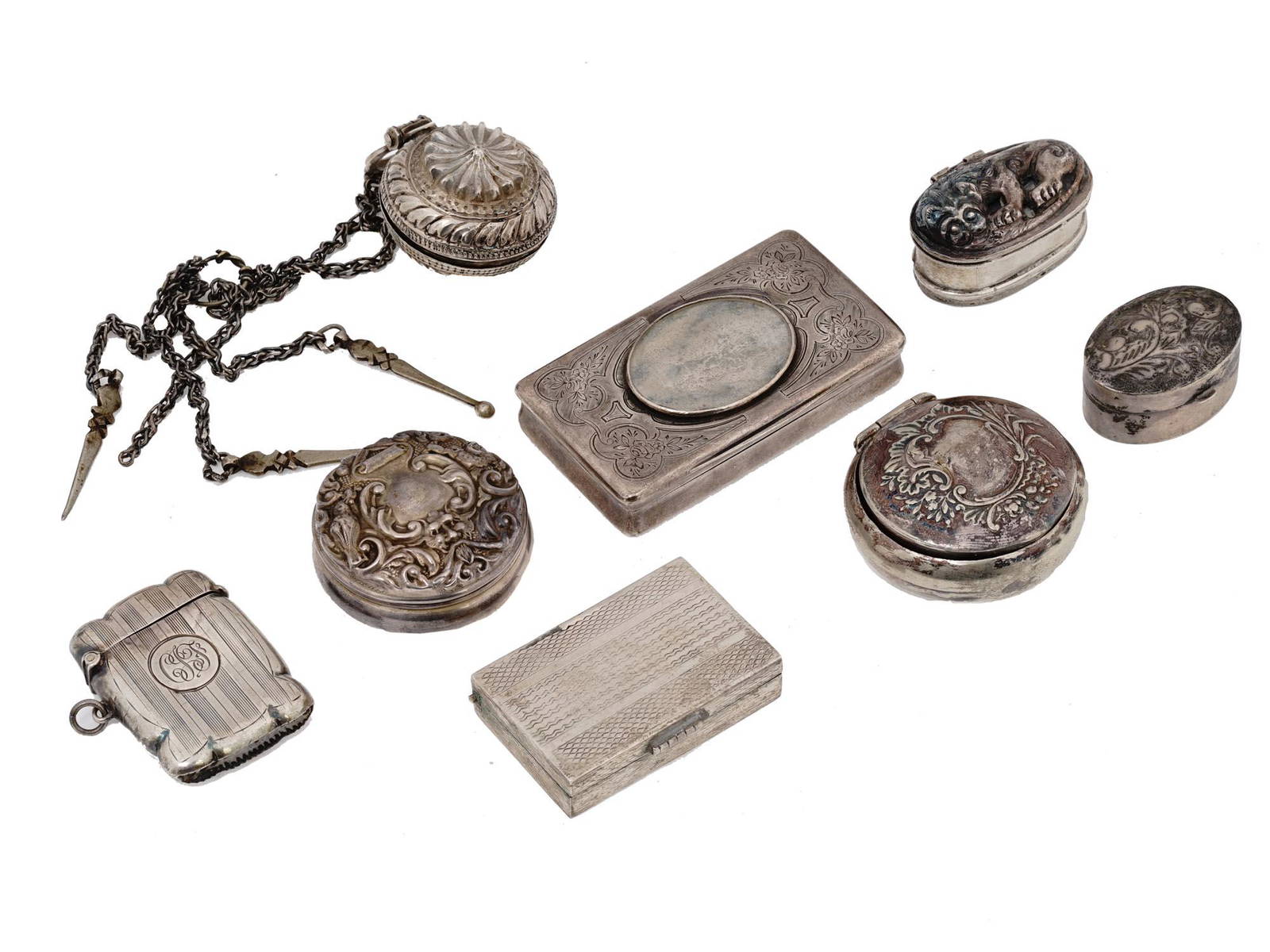 Antique Sterling Silver Pill Boxes And Chatelaine Auction