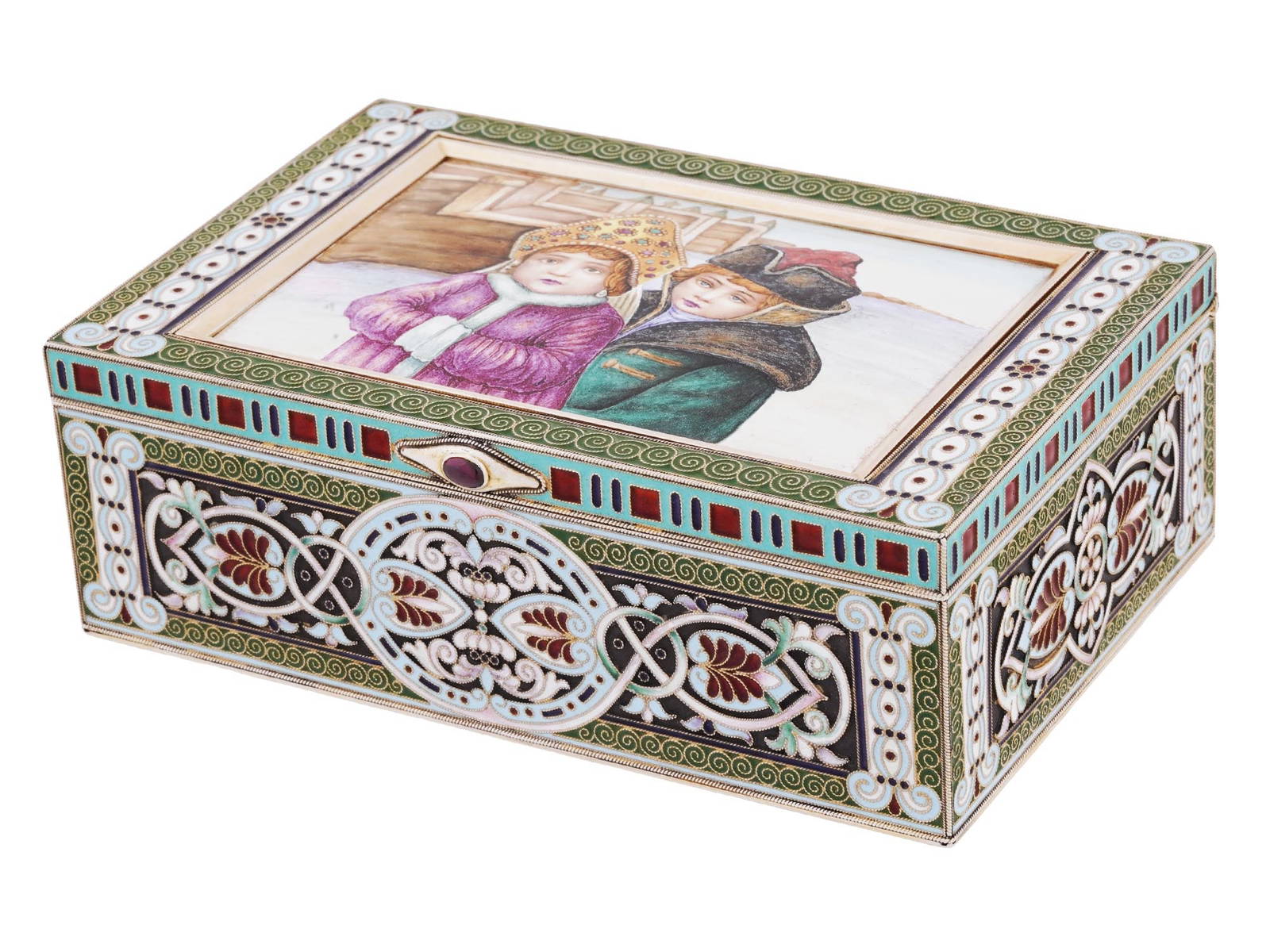 Russian Gilt Silver Enamel Jewelry Box With Miniature Auction