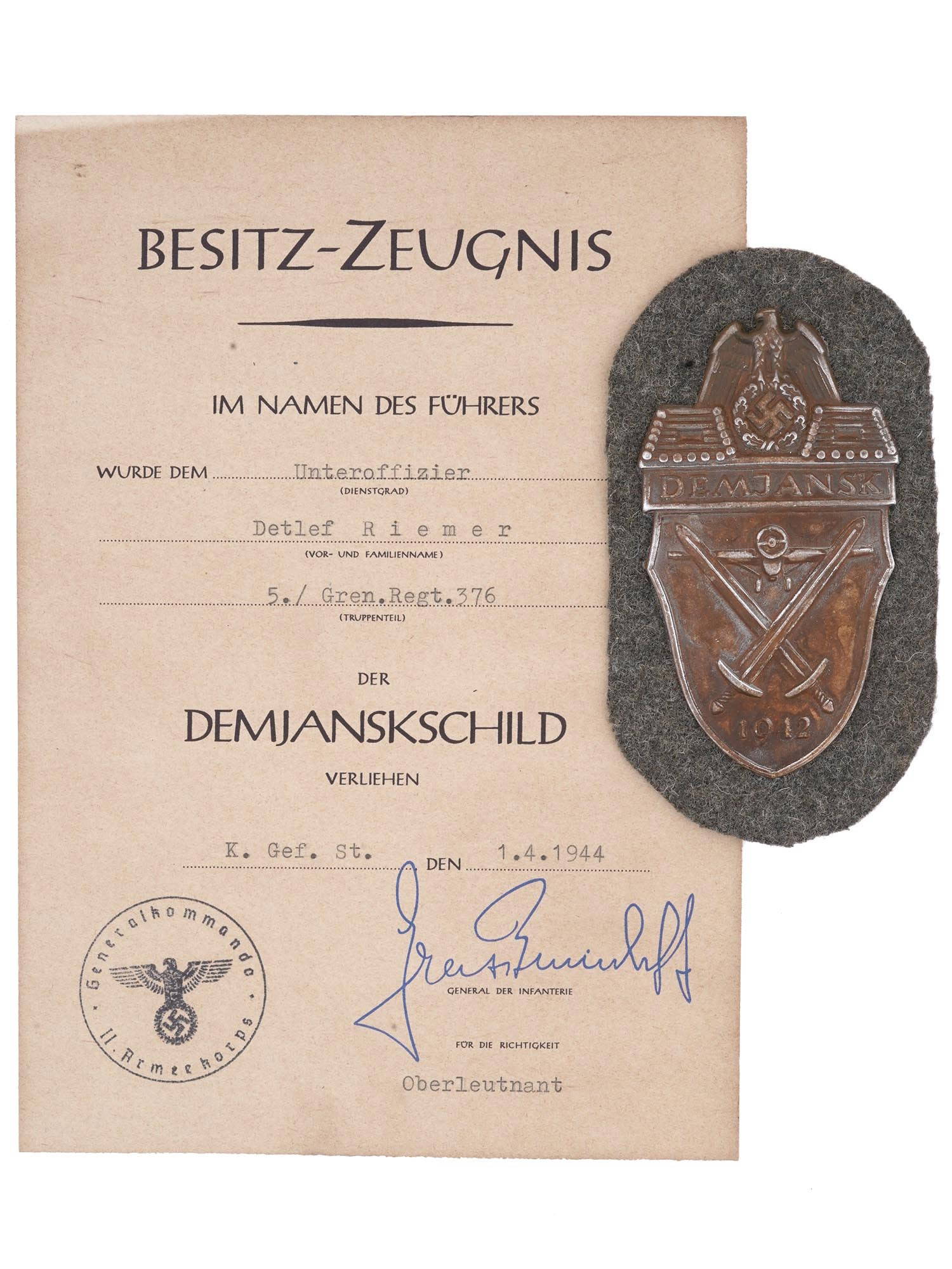 Wwii Nazi German Demyansk Shield With Award Certificate Auction