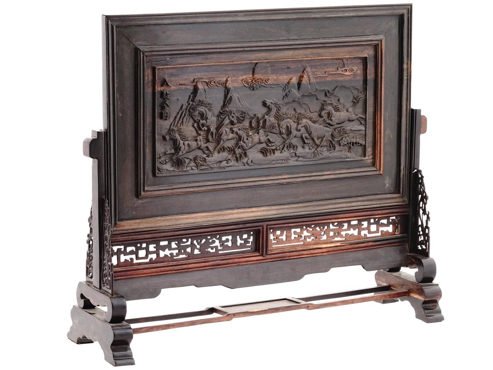 Antique Chinese Horses Carved Wooden Table Screen Auction