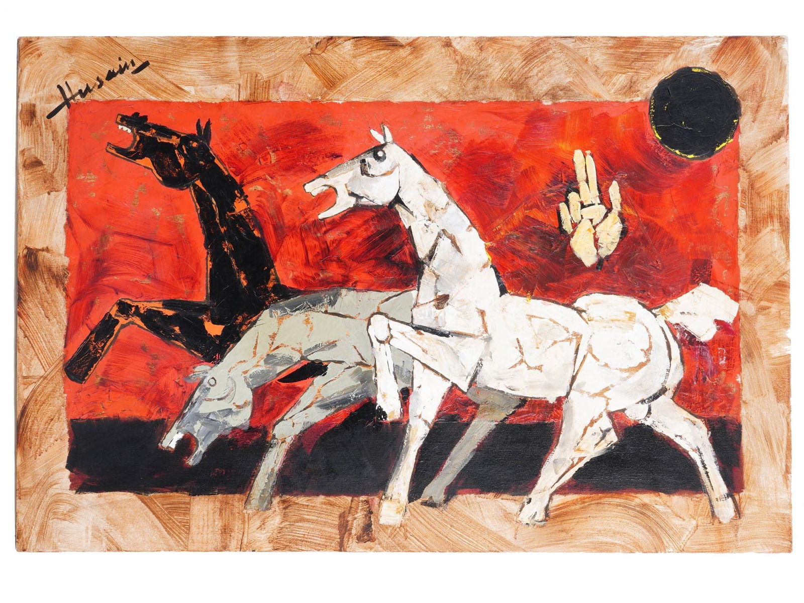 Indian Horses Oil Painting By Maqbool Fida Husain Auction