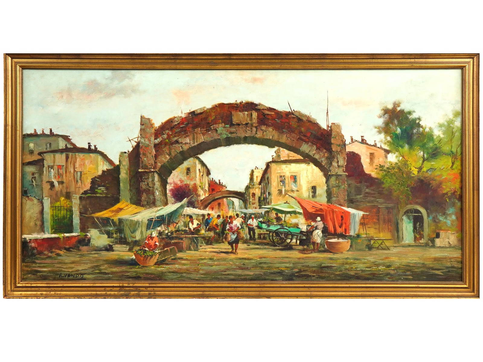 Mid Century Italian Painting Market Scene Vando Acerbi Auction