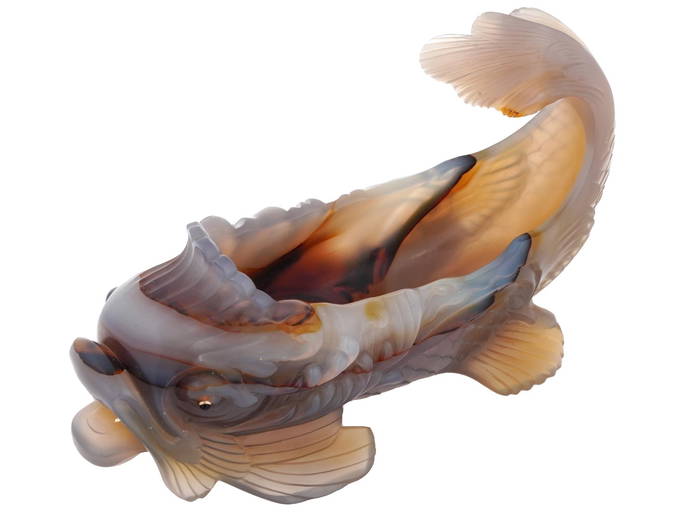 Large Russian Carved Agate Gemstone Fish Caviar Bowl