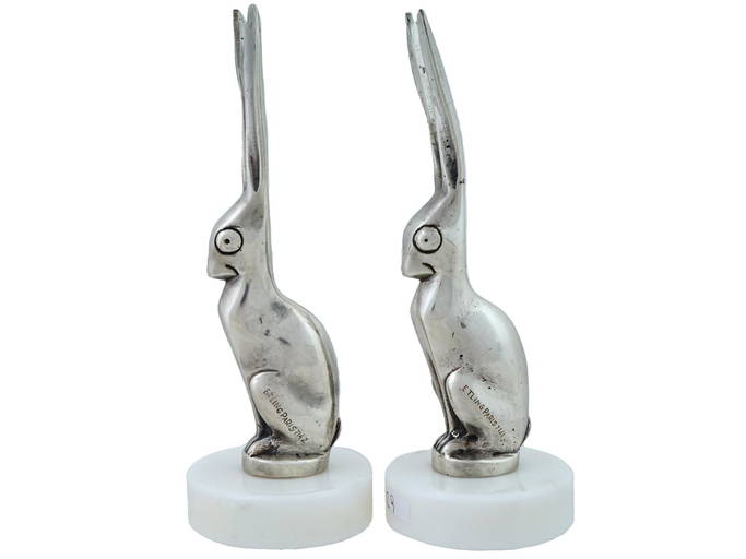 Vintage Art Deco Rabbit Book Ends On Round Marble Bases