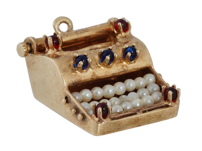 Vintage 14k Gold Gemstone Pearl Typewriter Charm