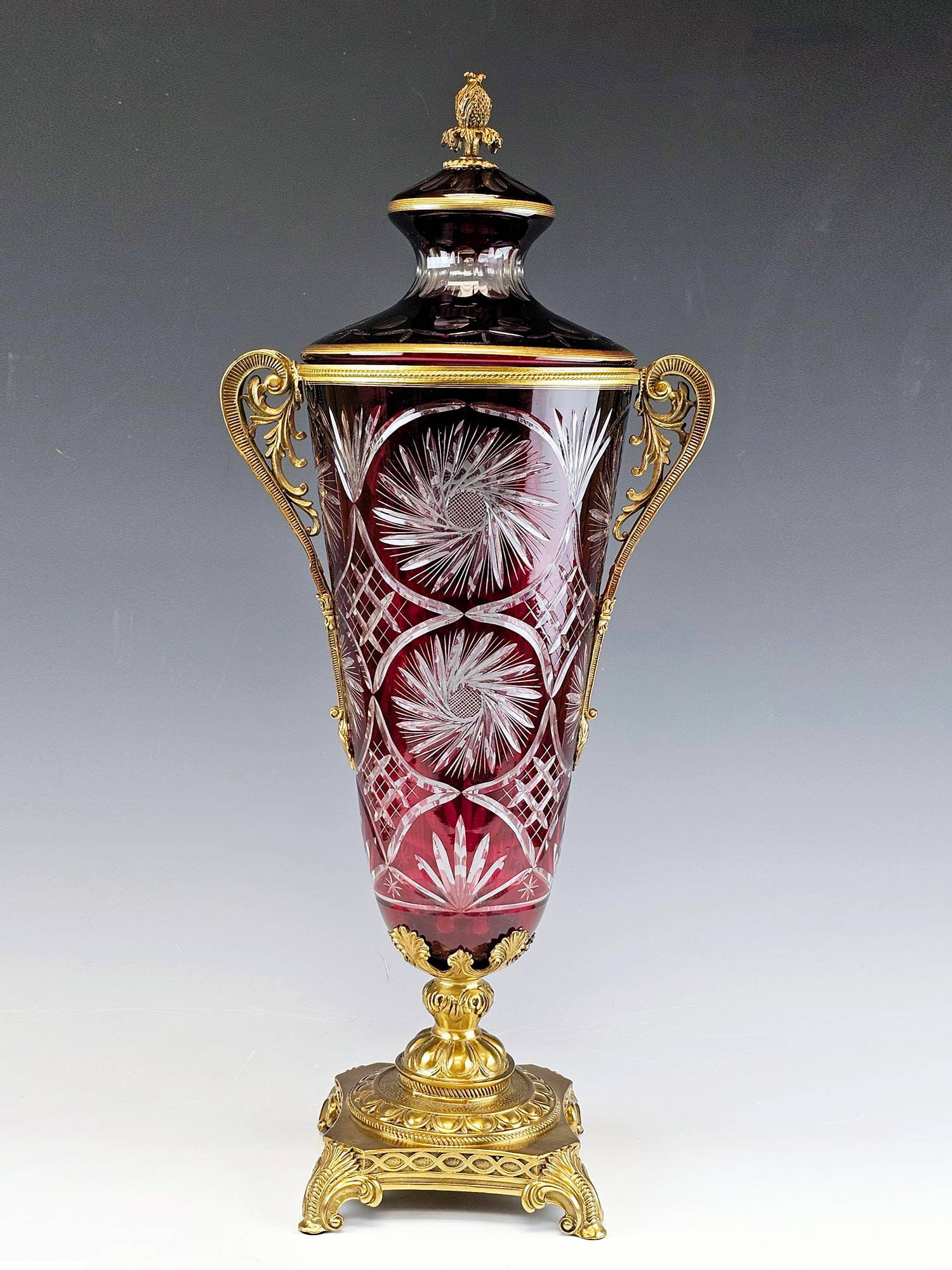 Antique Bohemian Ruby Red Cut Glass And Bronze Vase Auction