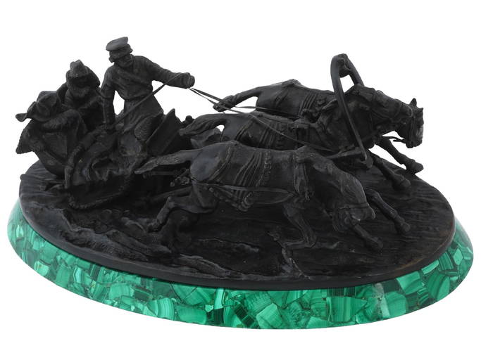 Grachev Brothers Troika Bronze Statue Malachite Stand