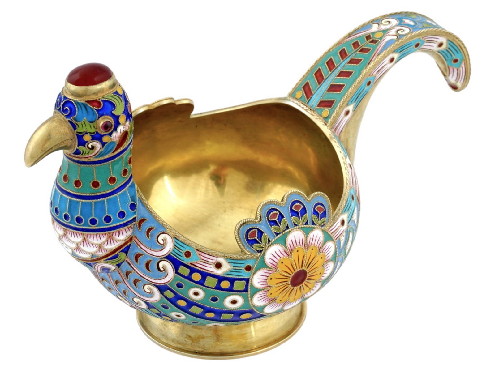 Russian 88 Gilt Silver Cloisonne Enamel Bird Kovsh Auction