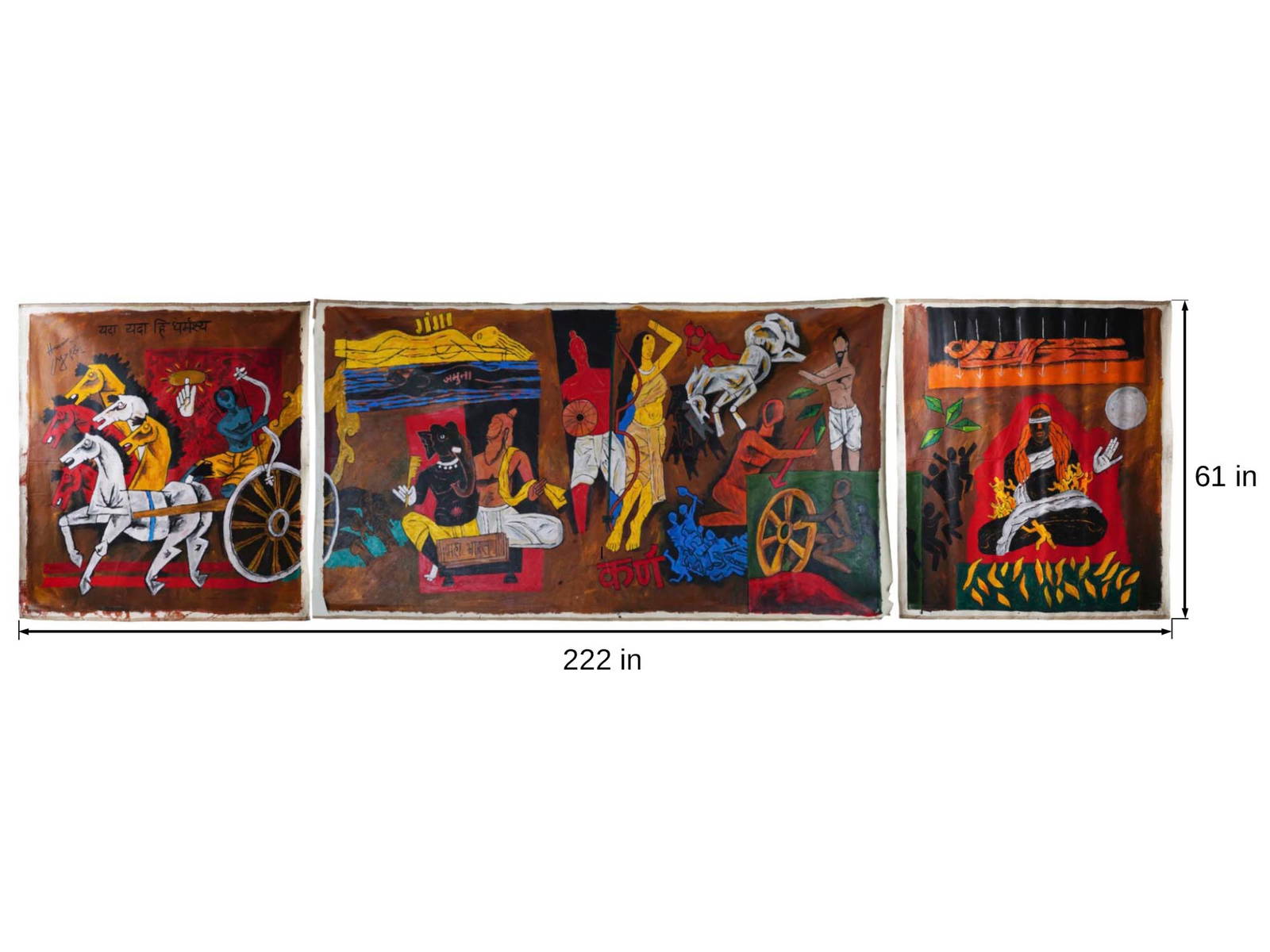 Maqbool Fida Husain Triptych Oil Paintings W Coa Auction