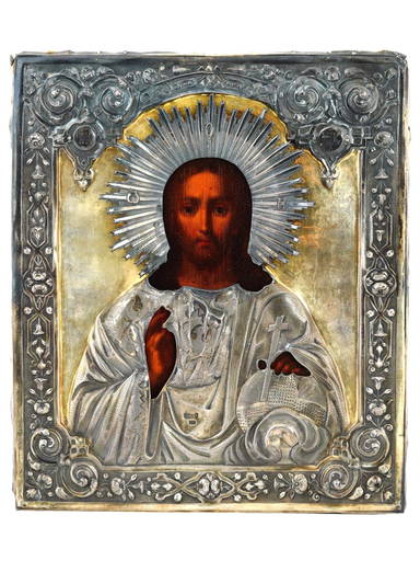 Antique Russian Orthodox Jesus Icon In Silver Riza