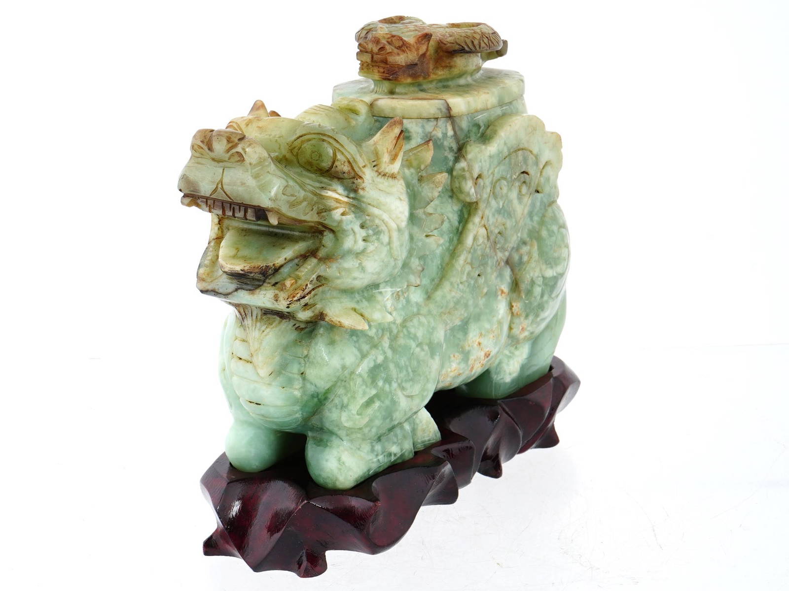 Chinese Hand Carved Jade Foo Dog Box W Wood Stand Auction