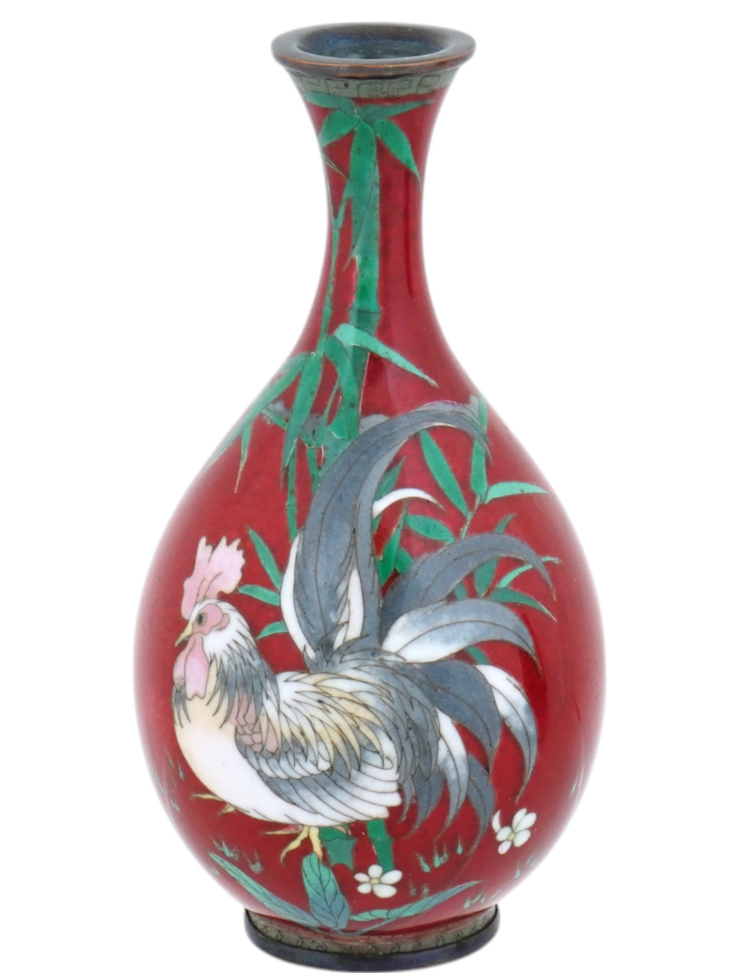 Japanese Cloisonne Enameled Red Vase With Rooster Auction