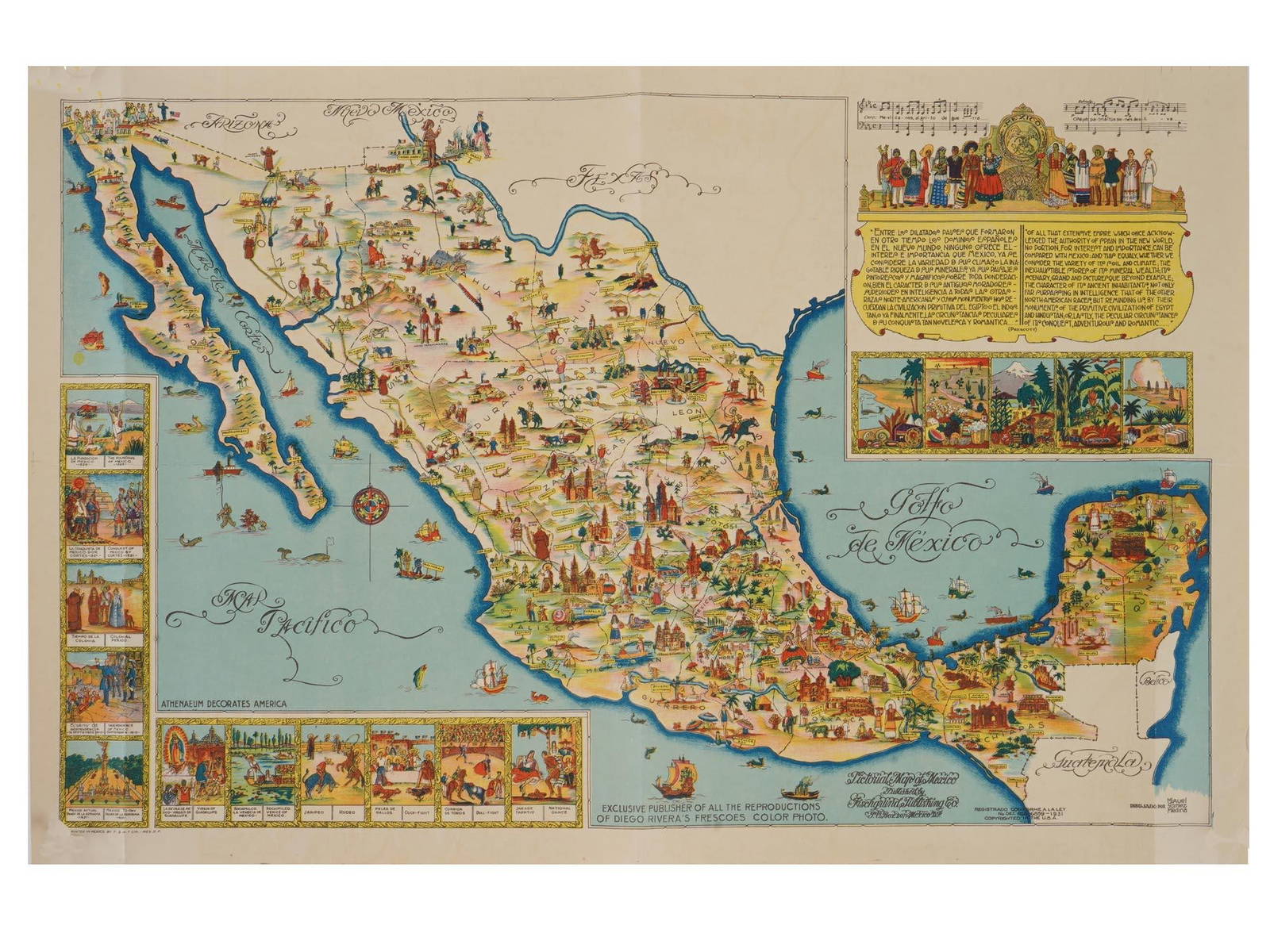 1931 Lithographed Poster Tourist Map Of Mexico Auction