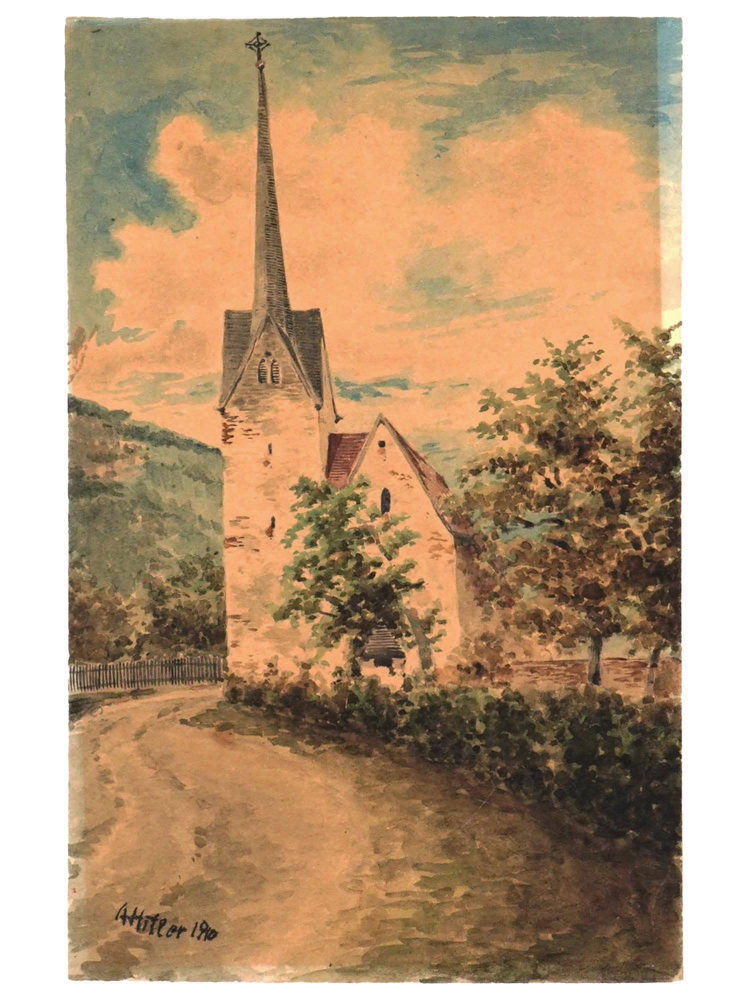 Watercolor Painting Signed A. Hitler Landscape Church Auction