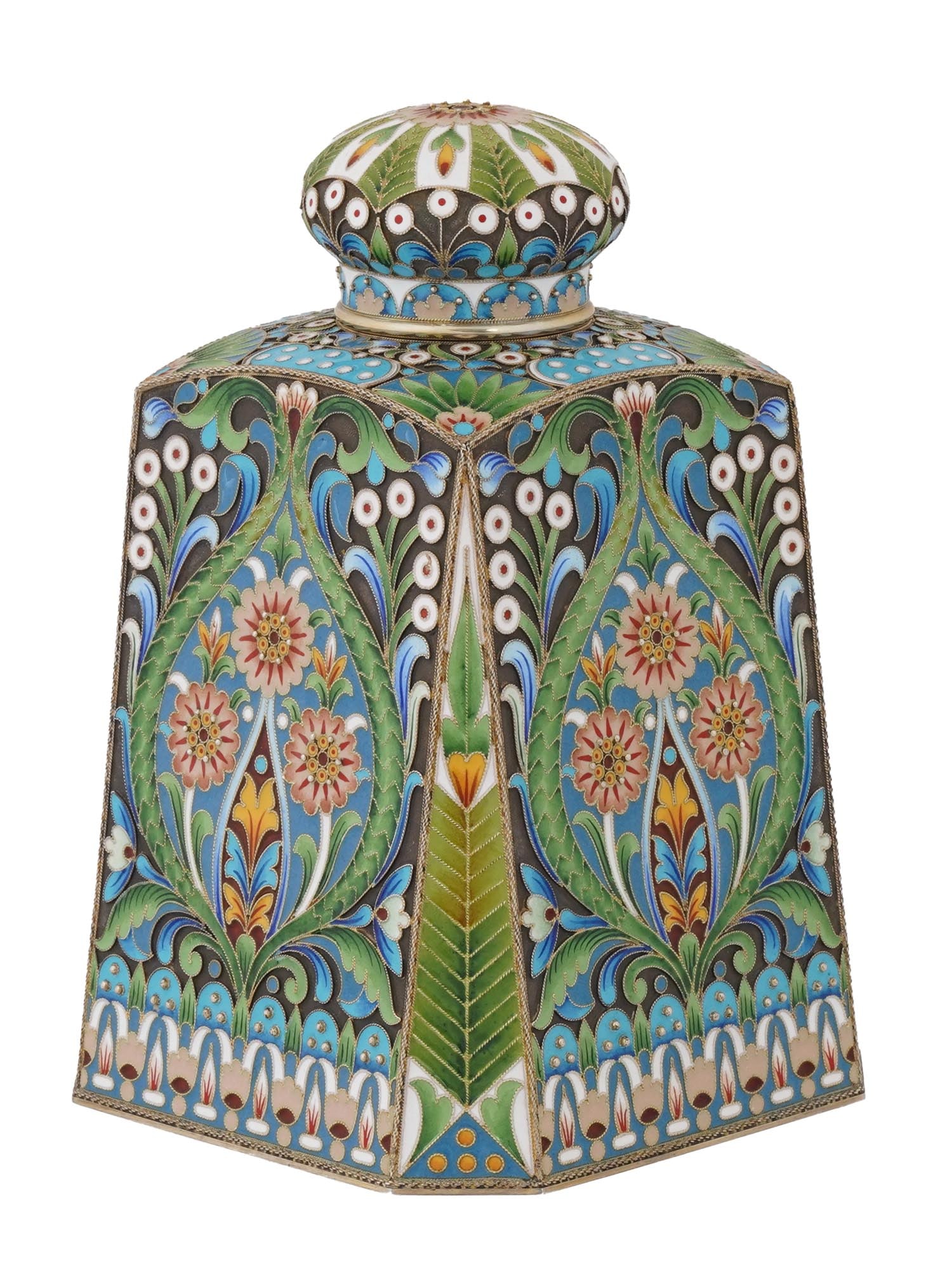 Large Russian Silver Cloisonne Enamel Tea Caddy Auction