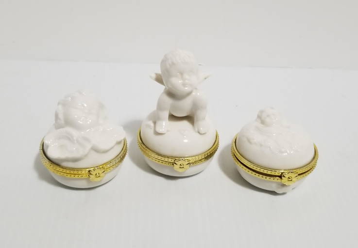 Vintage 3 White Porcelain Cherub Trinket Box