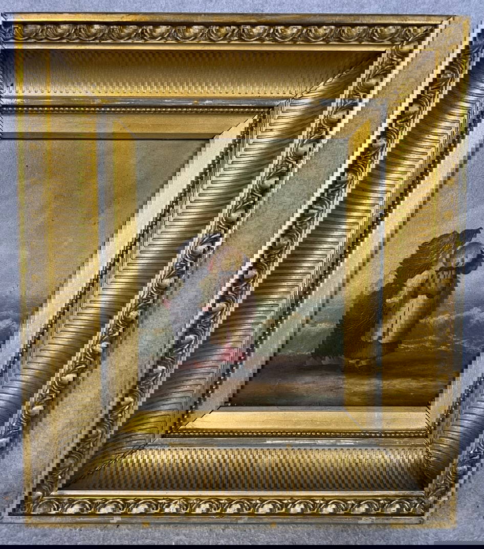 19th C Oil Painting On Artist Board Of Children (quakers) Looking Out ...