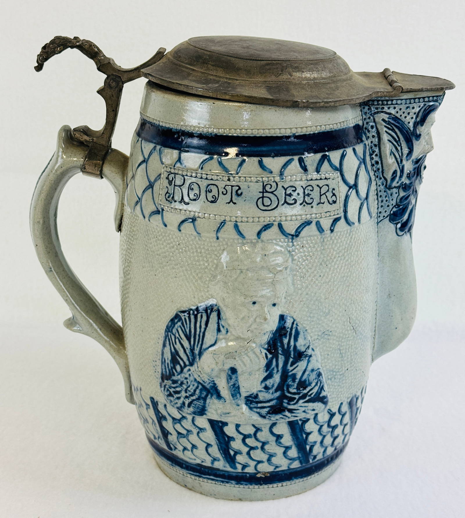 Lg Blue & White Stoneware Root Beer Pitcher Auction