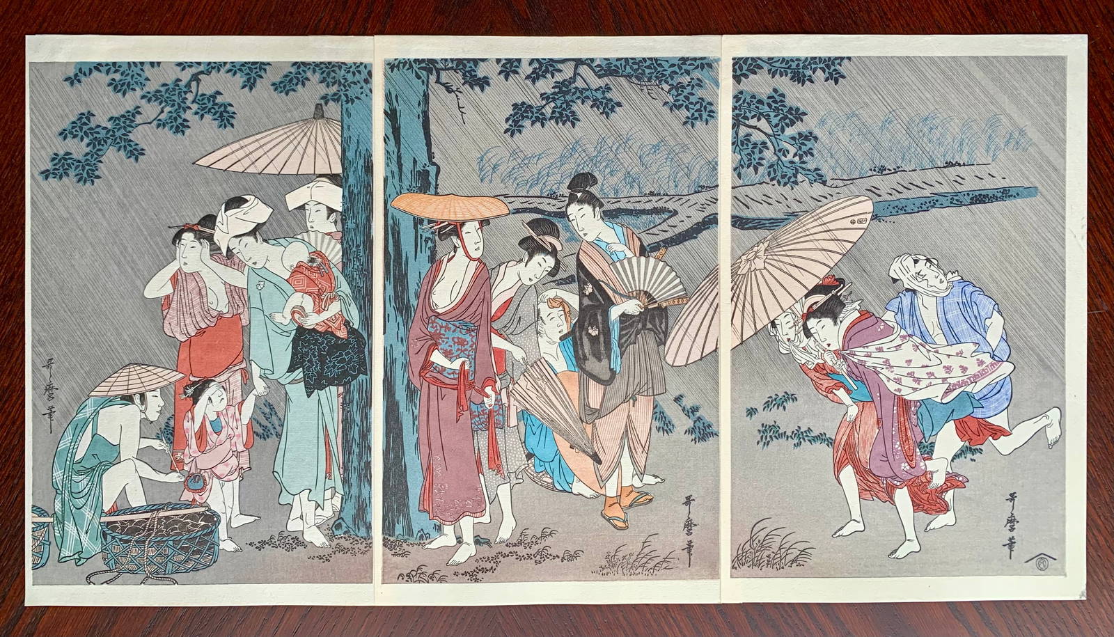 Kitagawa Utamaro : Shelter From Rain Triptych Woodblock Auction