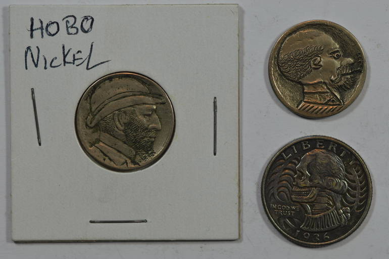 A Pair Of "hobo" Nickels Plus A Mock Hobo "quarter"