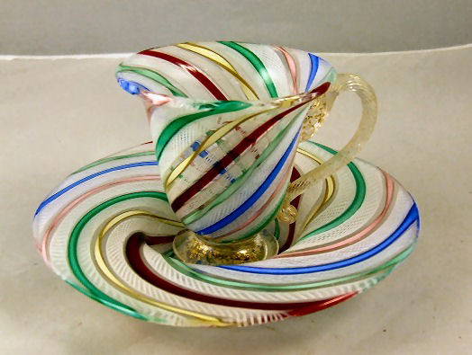 Italian Latticino Ribbon Glass Cup & Saucer, Excel