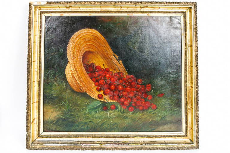 Oil On Canvas Still Life Of Straw Hat With Cherries.