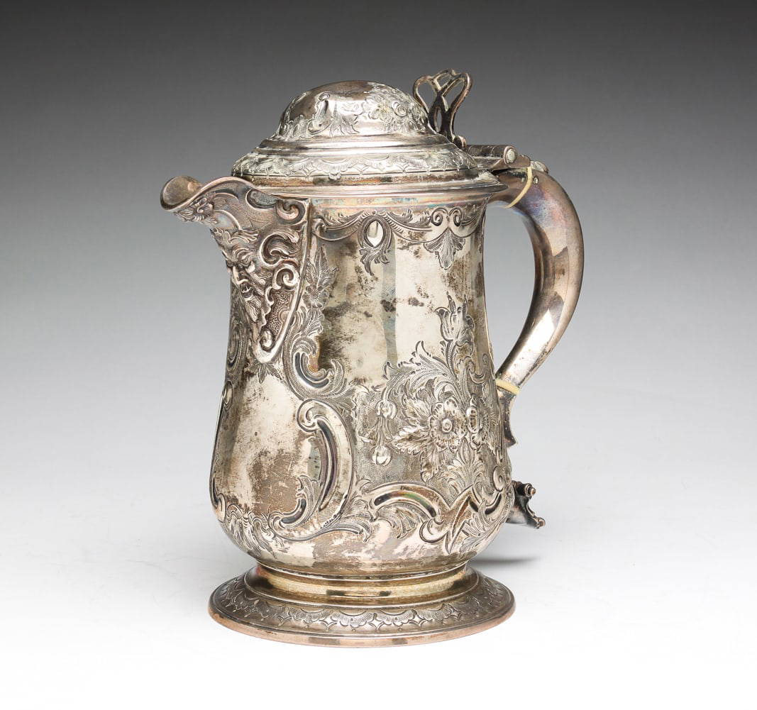 English Silver Covered Pitcher. Auction