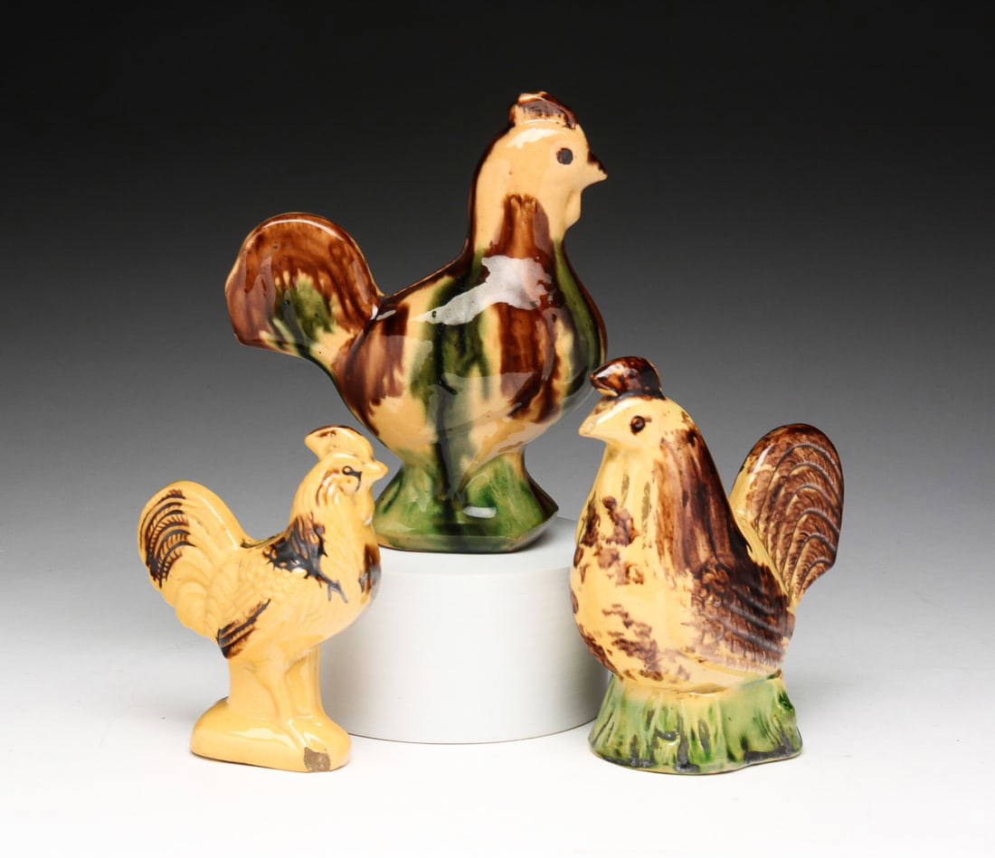 Three American Pottery Rooster Banks. Auction