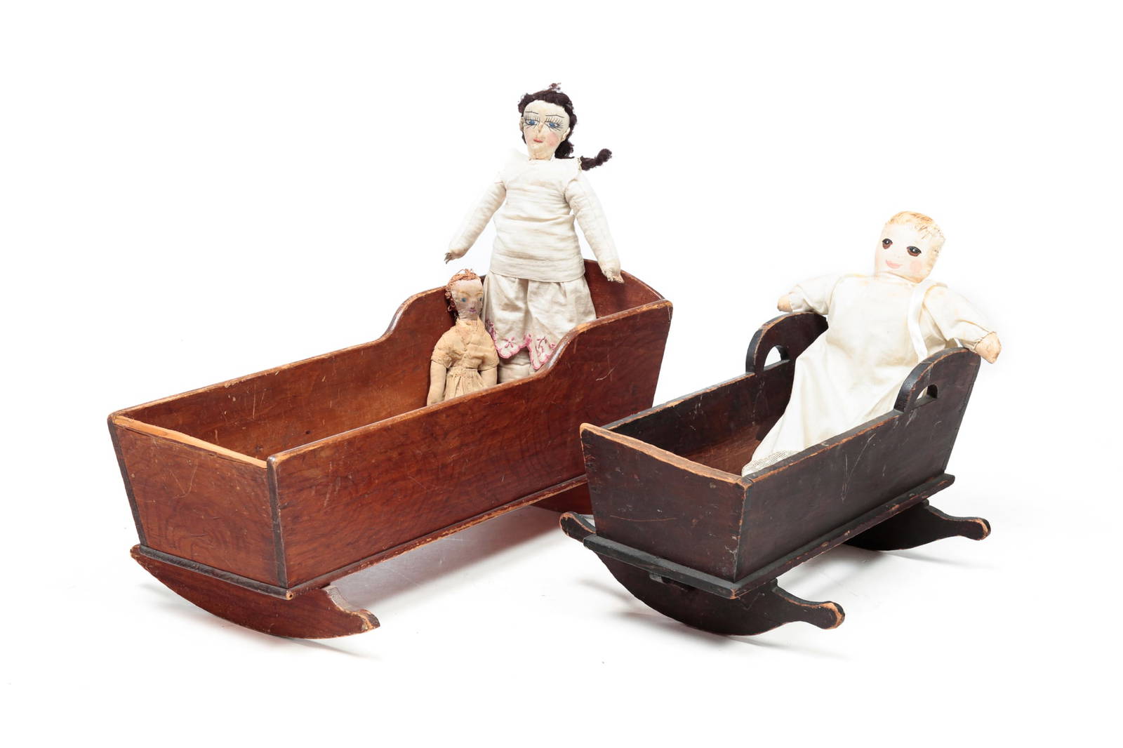 Three Dolls And Two Doll Cradles. Auction