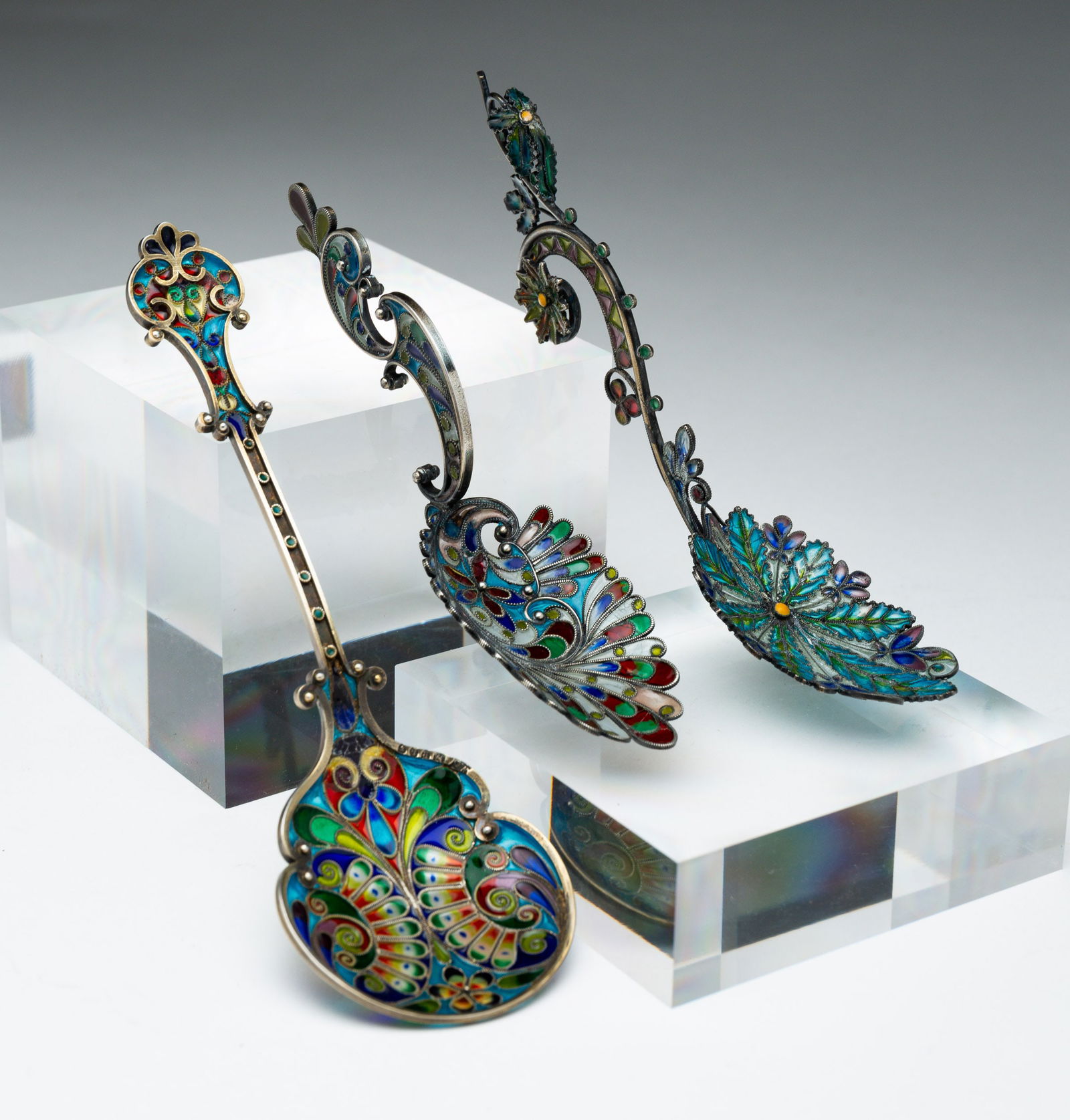 Three Large Plique A Jour Spoons. Auction